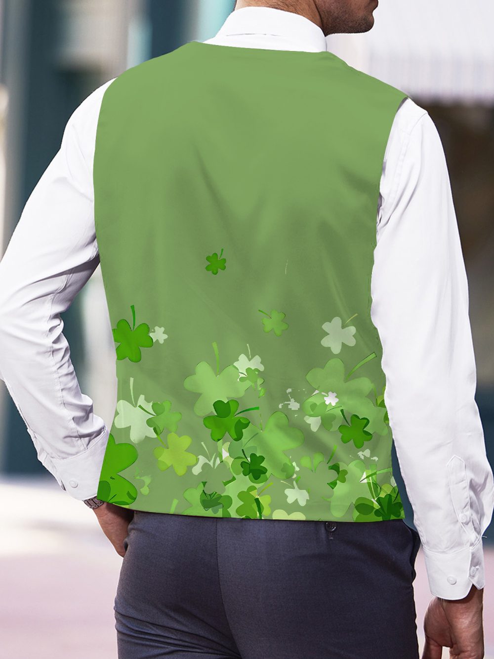 Men's Stylish Green V-Neck Vest With Shamrock Print